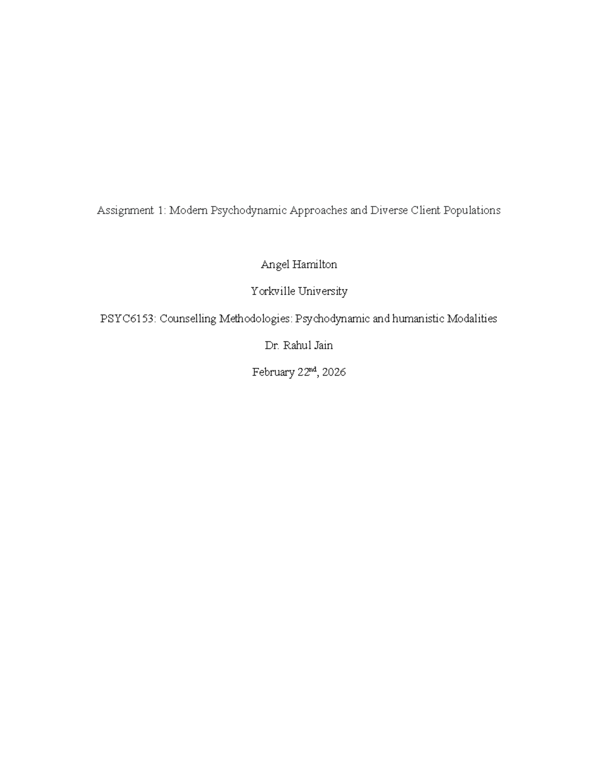 PSYC6153: Assignment 1 - Modern Psychodynamics & Diverse Clients - Studocu