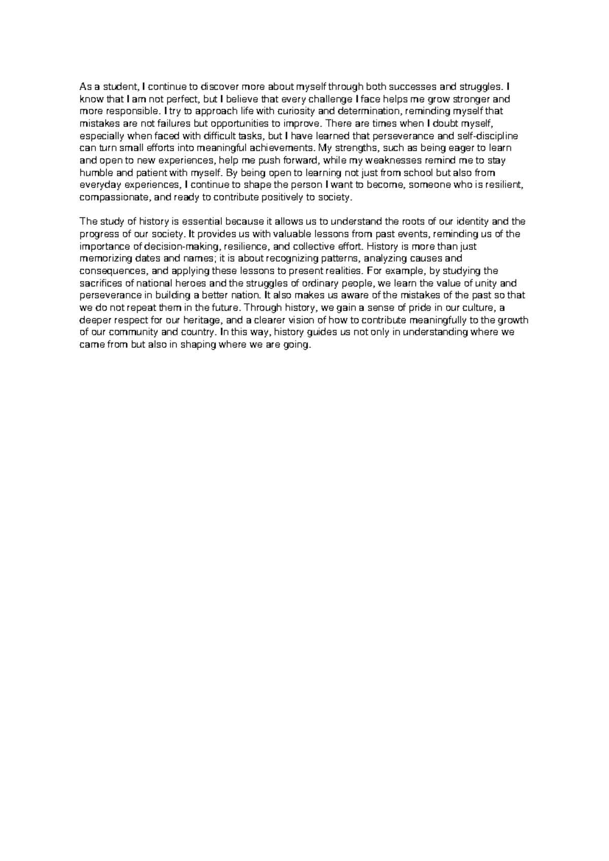 Reflection Paper: Personal Growth and the Importance of History - Studocu