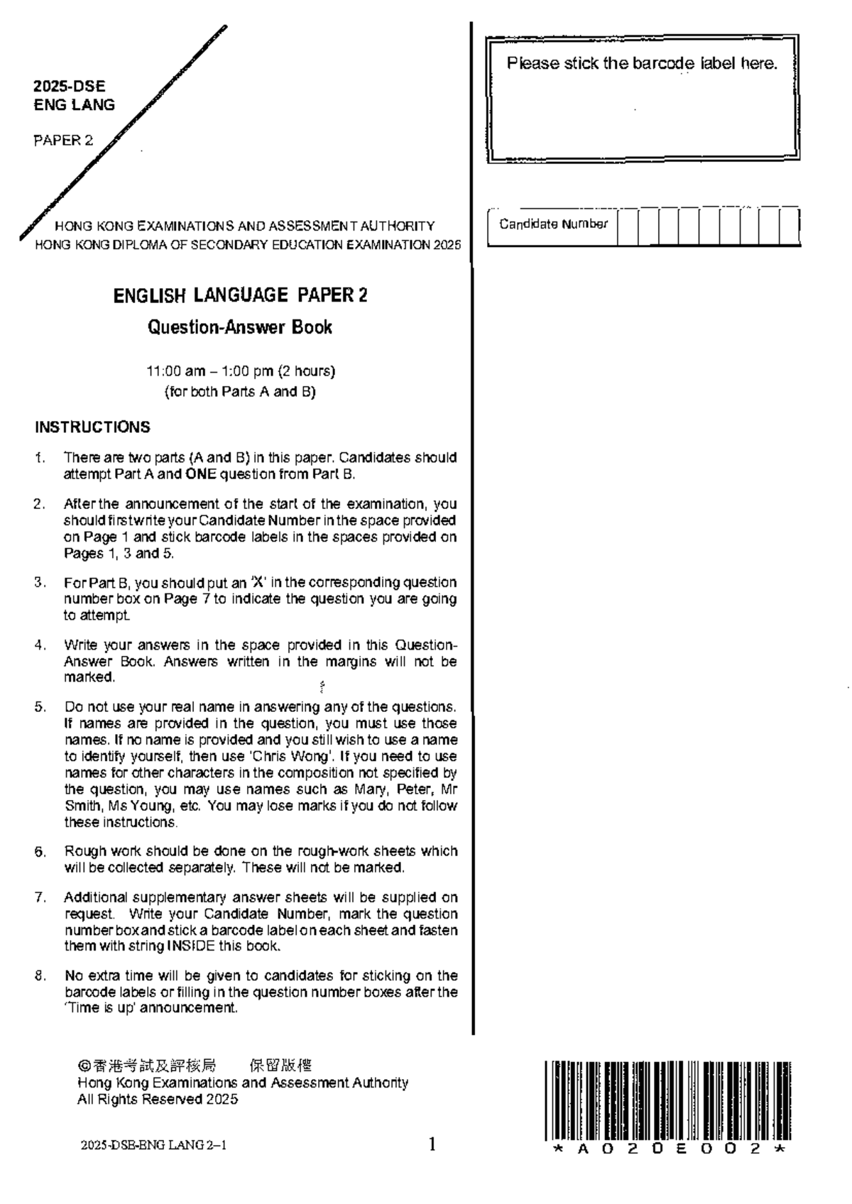 2025 DSE English Language Paper 2 Exam Instructions and Guidelines ...