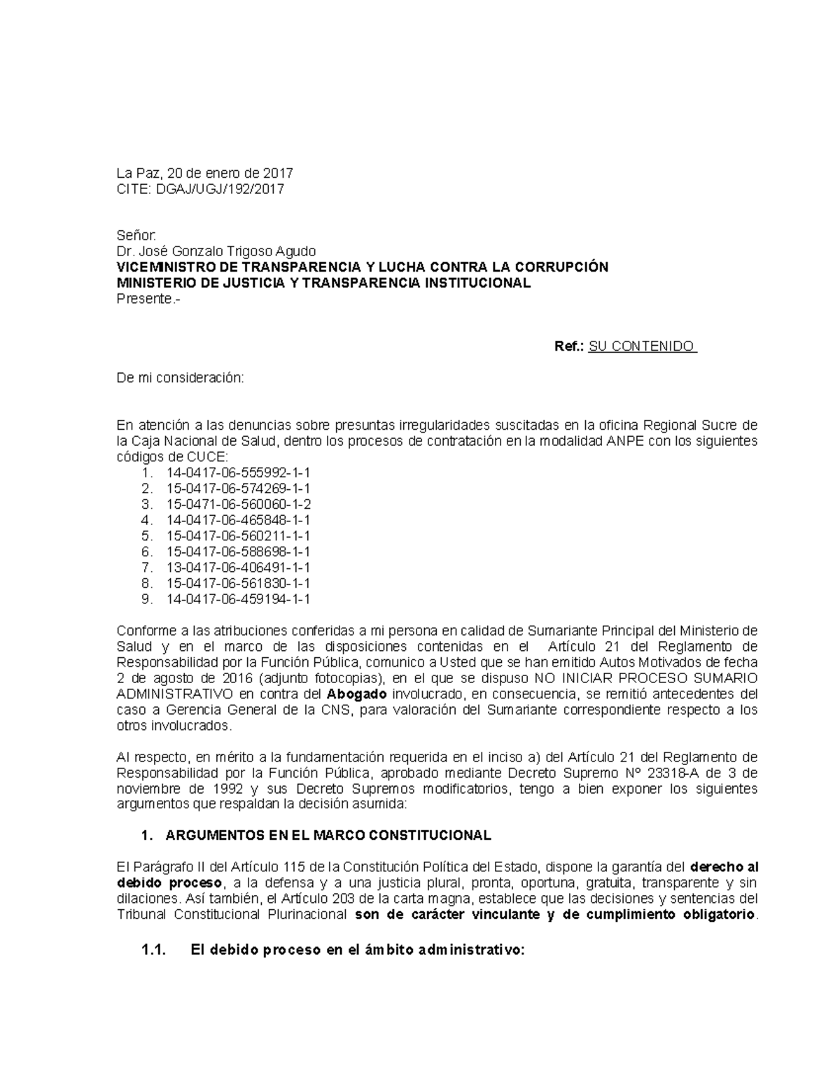 Respuesta a la Denuncia de Irregularidades en la CNS - CITE: 20/01/2017 ...