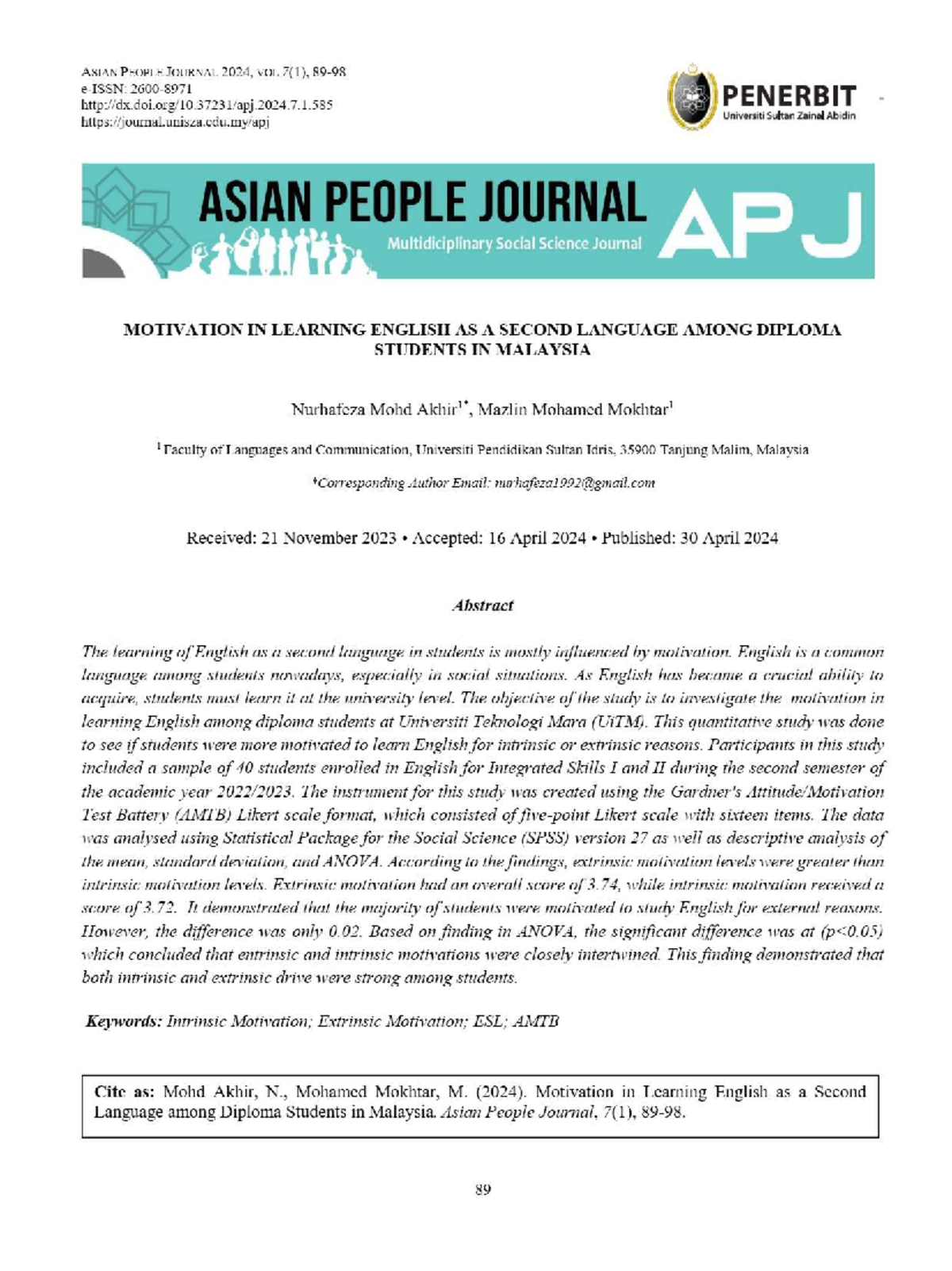 Motivation in Learning English as a Second Language: A Study of Diploma ...