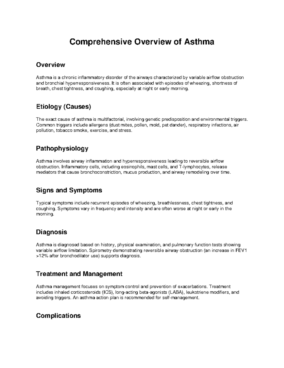 Asthma Overview: Causes, Symptoms, and Management Notes - Studocu