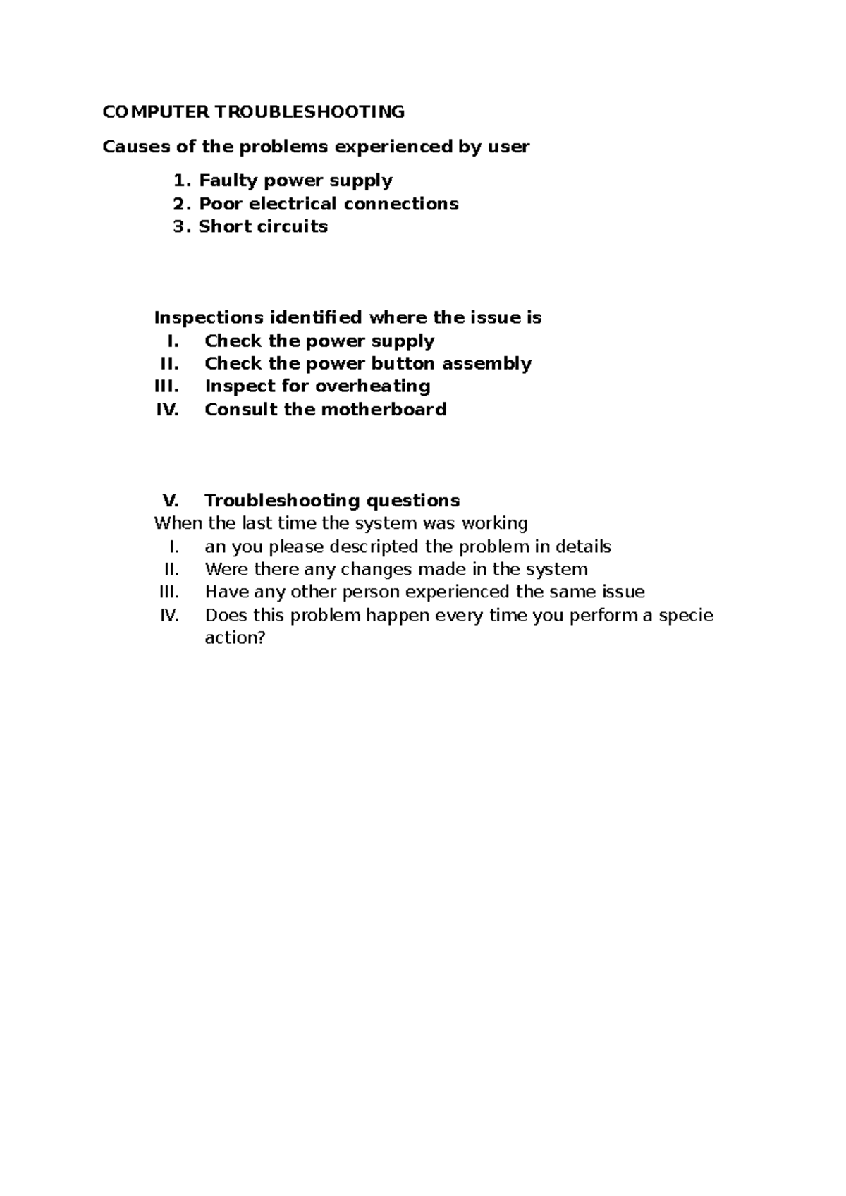 Computer Troubleshooting - COMPUTER TROUBLESHOOTING Causes of the ...