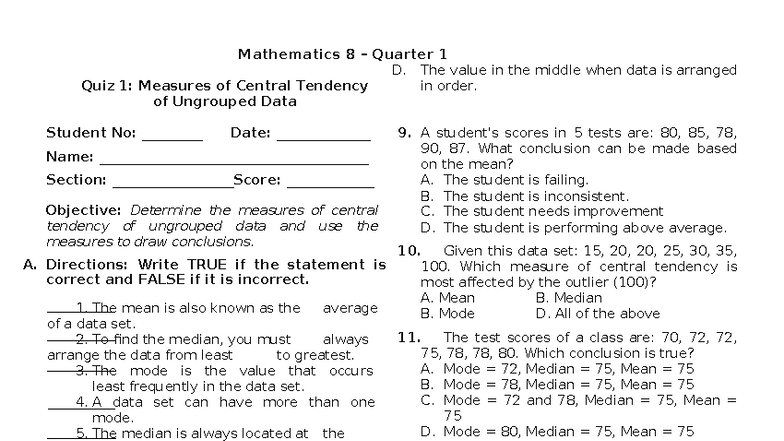 Mathematics 8 Q1 Quiz 1: Measures of Central Tendency - Studocu
