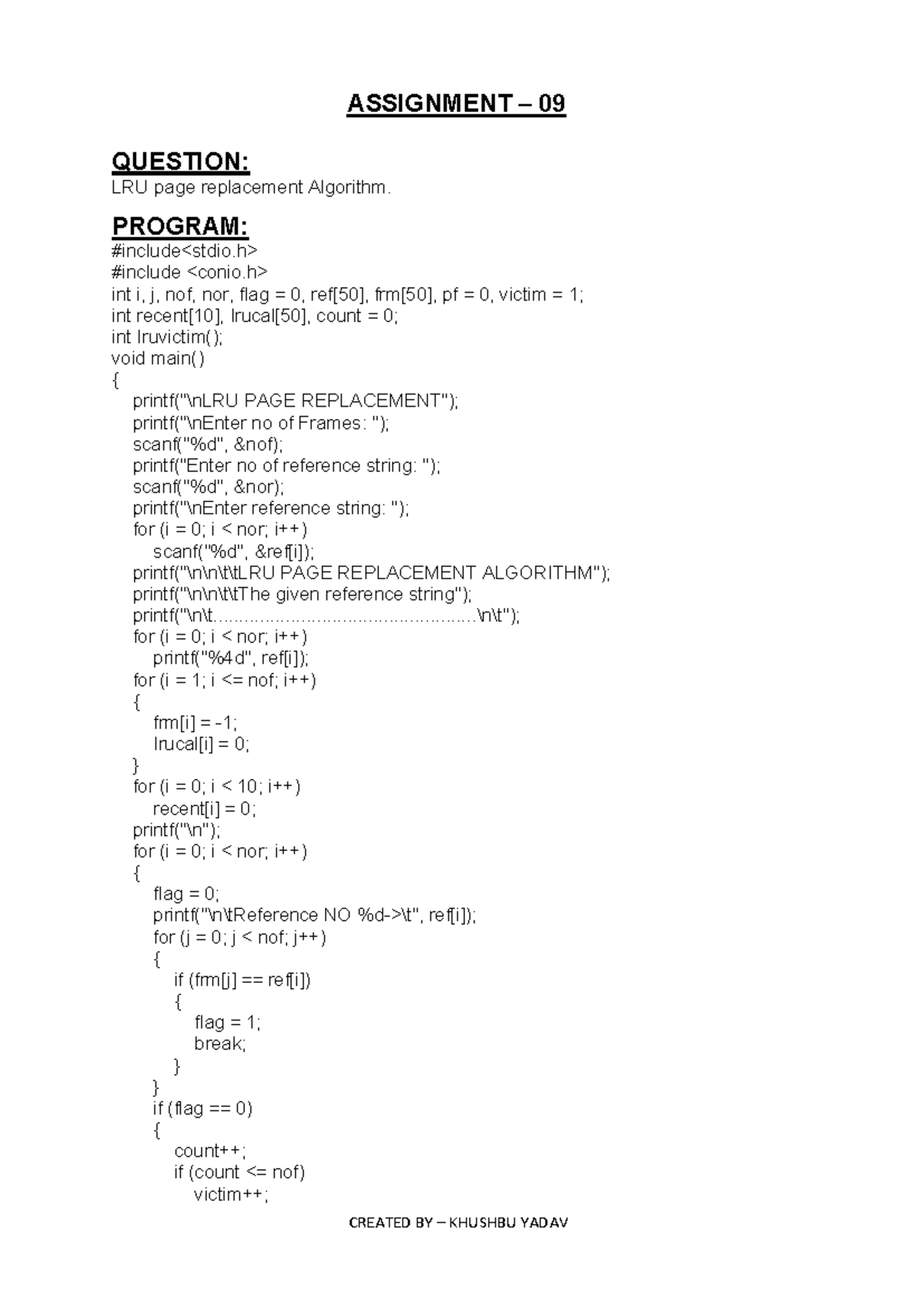 LRU Page Replacement Algorithm - Assignment 09 (CS101) - Studocu