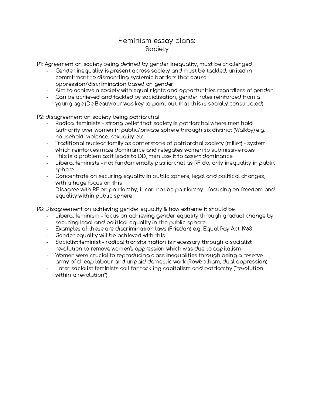 Feminism Essay Plans: Ideologies Overview and Key Debates - Studocu