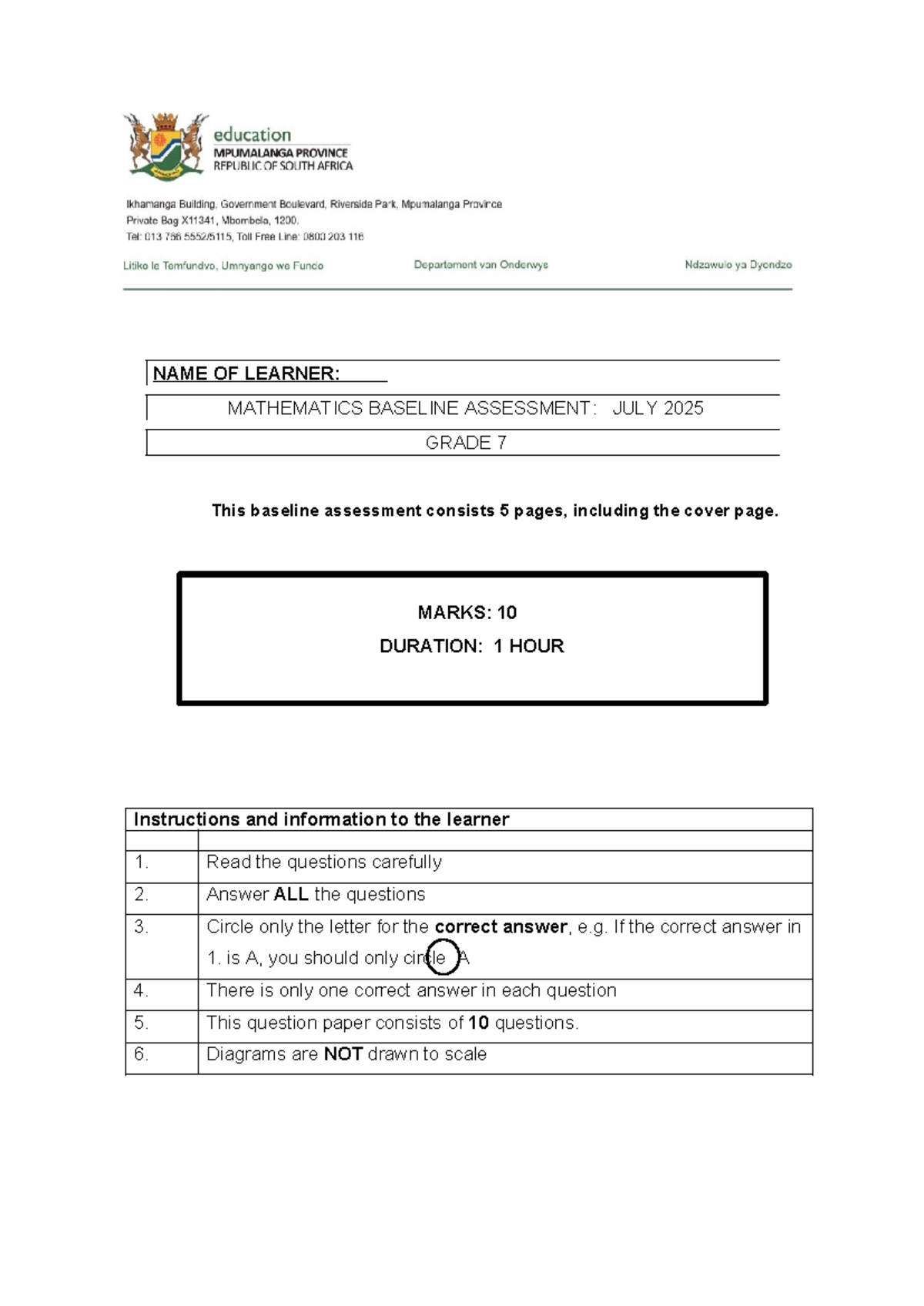 MATHEMATICS BASELINE ASSESSMENT GRADE 7 - JULY 2025 - Studocu