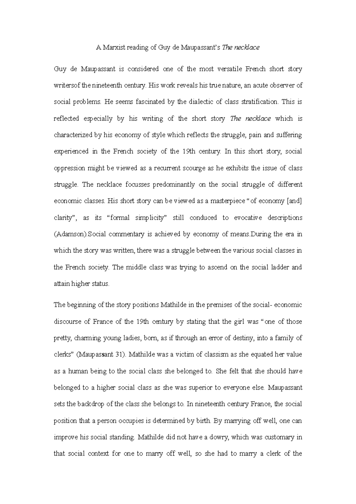 Marxist Analysis of Guy de Maupassant's "The Necklace" Assignment - Studocu