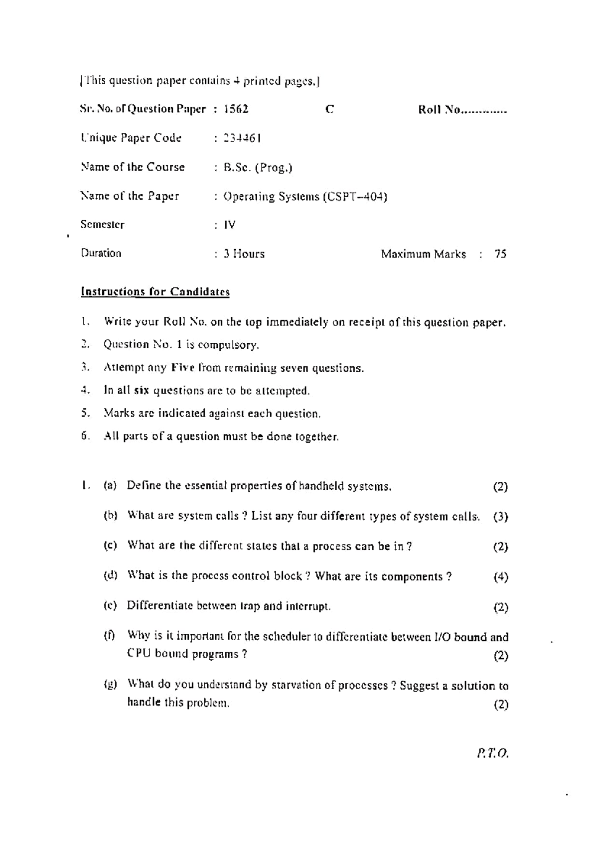Operating Systems B.Sc. (Prog.) IV Sem Question Paper - 1562 - Studocu