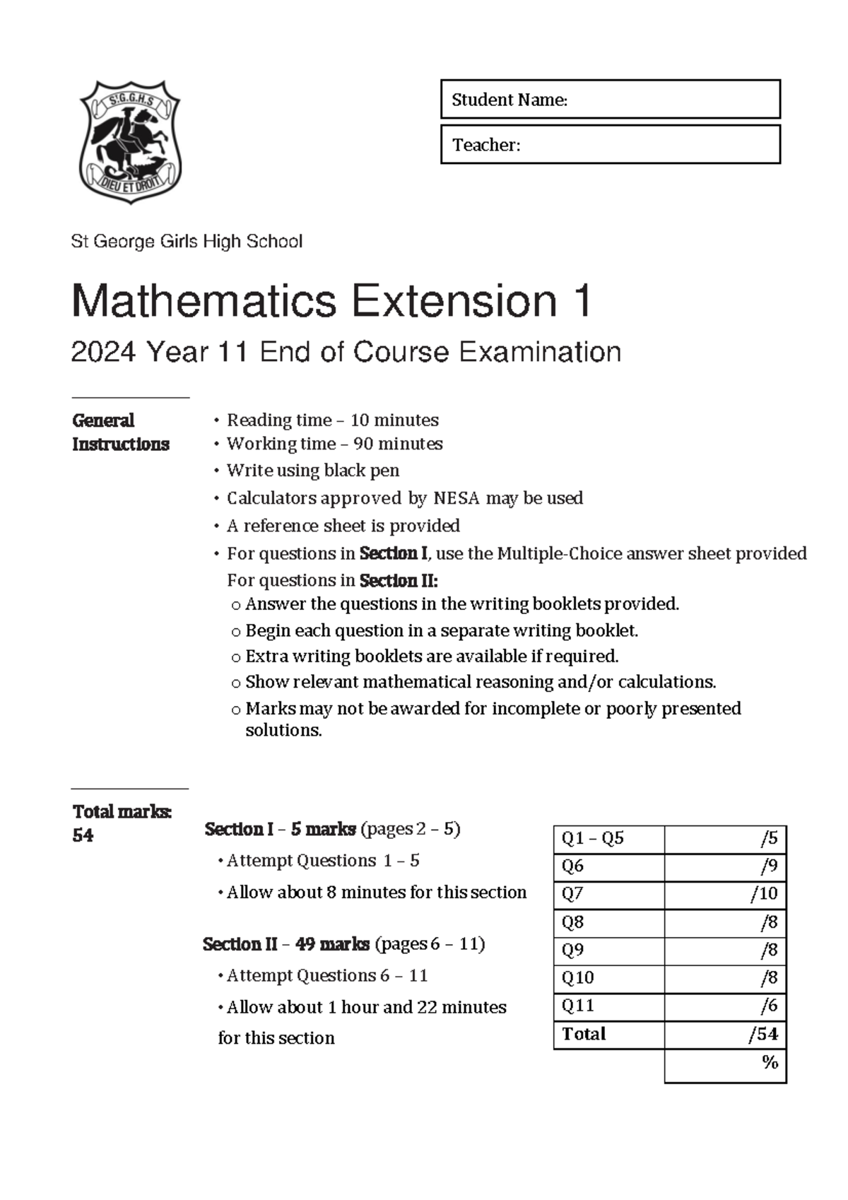 2024 Mathematics Extension 1 Year 11 End of Course Exam - Final - Studocu