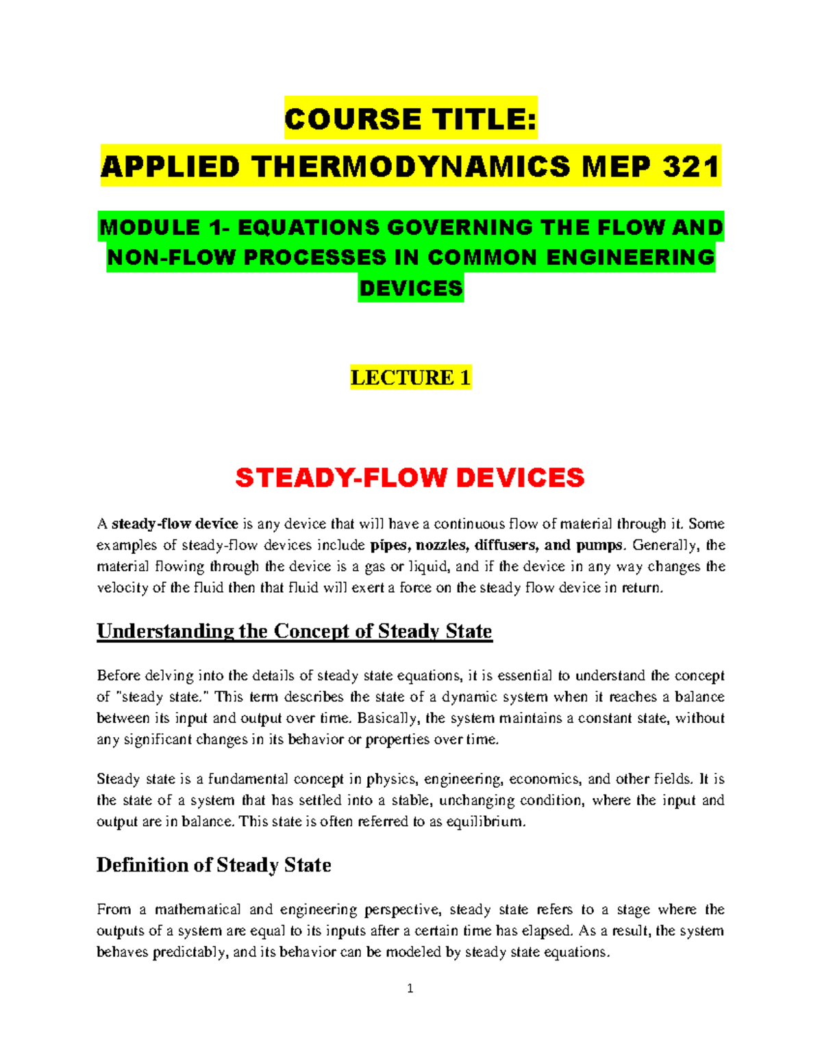 MEP 321 - Lecture Notes on Steady Flow and Non-Flow Processes - Studocu