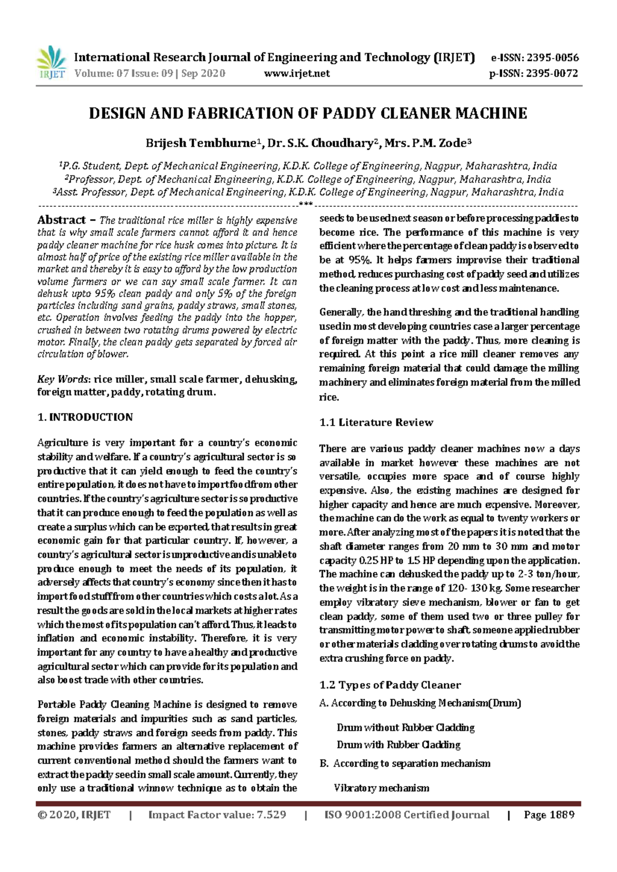 Irjet Design AND Fabrication OF Paddy CL - Volume: 07 Issue: 09 | Sep ...