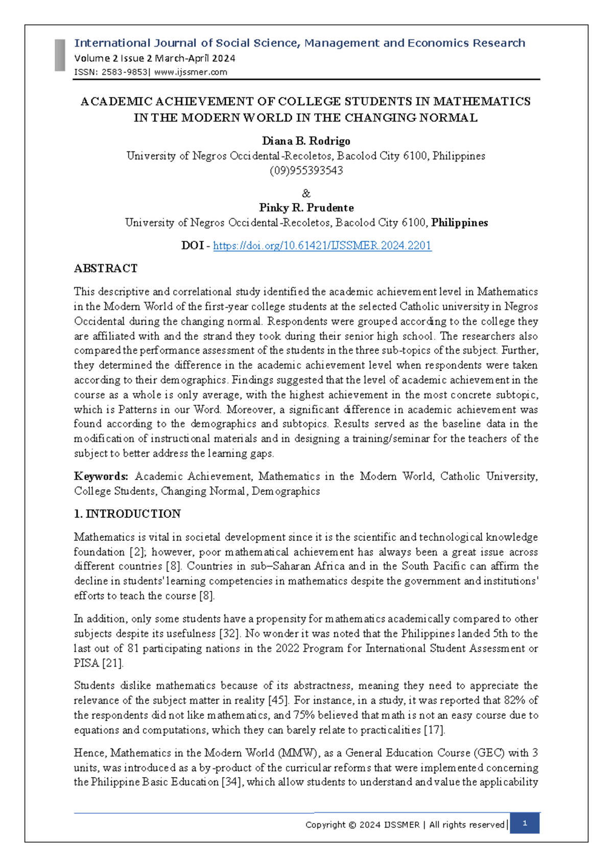 Academic Achievement of College Students in Mathematics (MMW) During ...