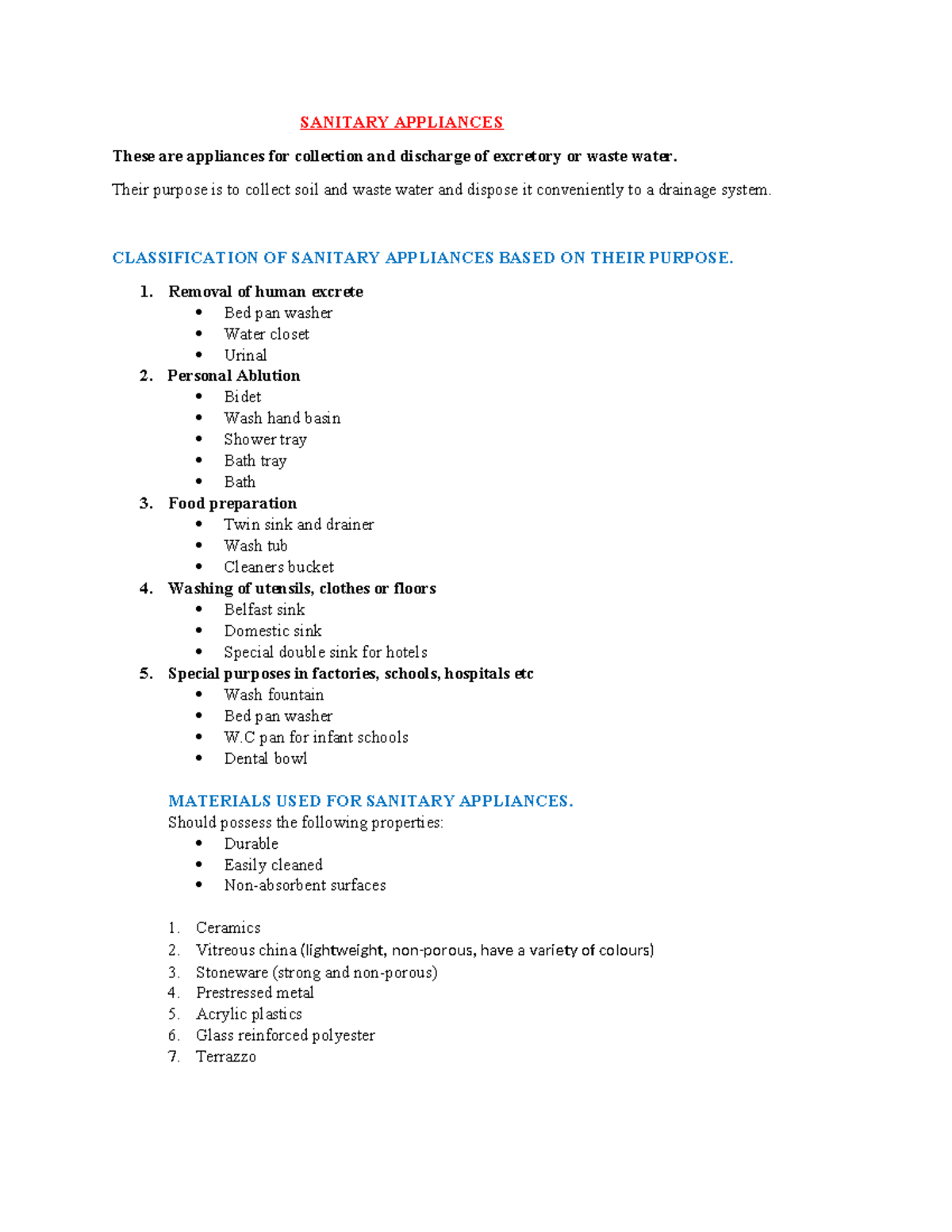 Sanitary Appliances: Comprehensive Study Notes for Class 101 - Studocu