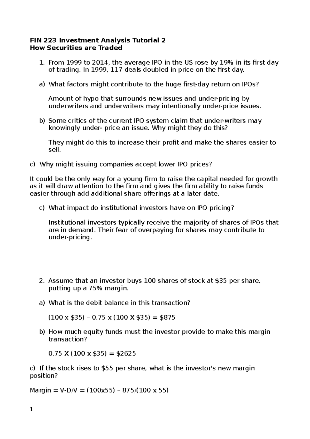 FIN223 Tutorial 2: Investment Analysis Questions and Exercises - Studocu
