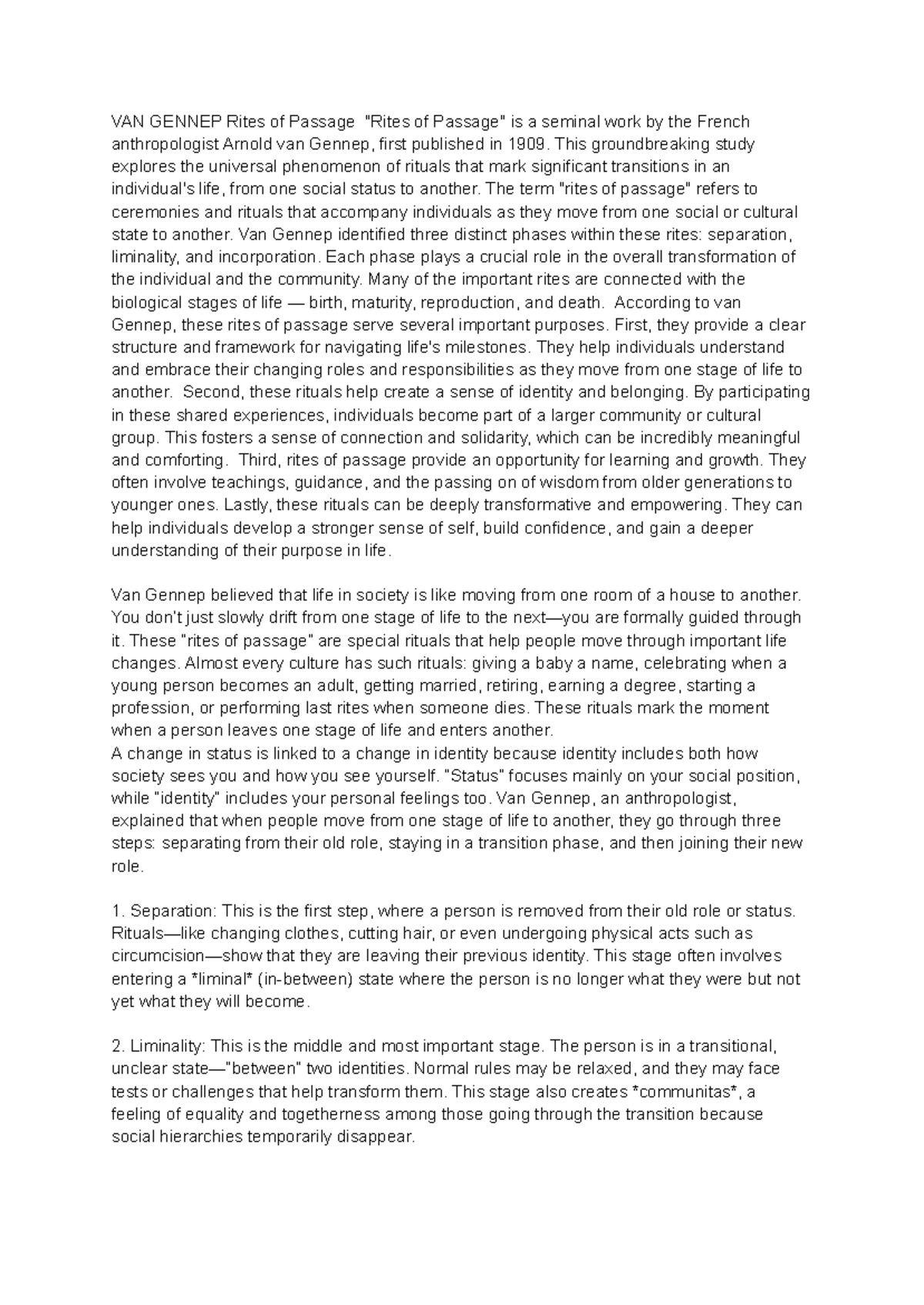 Rites of Passage: Summary of Van Gennep's Seminal Work - Studocu