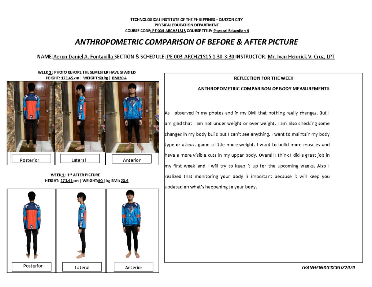 Anthropometric & Activity Logs for PE 003-ARCH21S15 - Week 1 - Studocu
