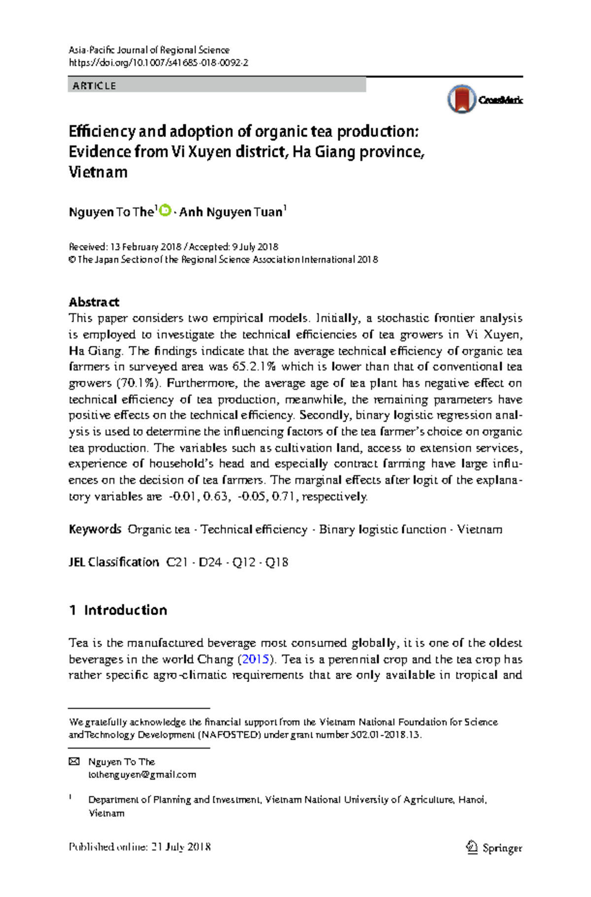 Efficiency and Adoption of Organic Tea Production in Vi Xuyen, Ha Giang ...