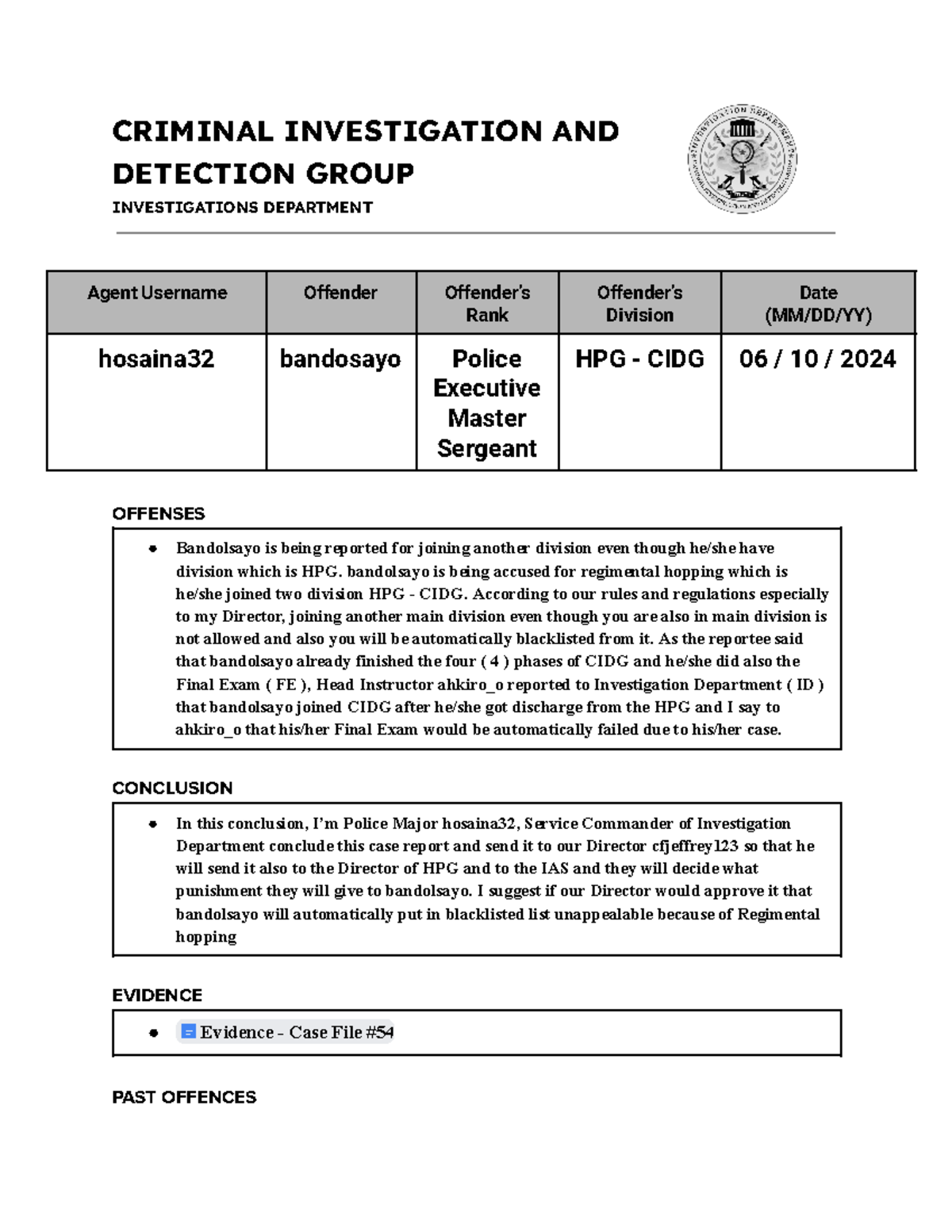 CIDG - Case File #54 - daw - CRIMINAL INVESTIGATION AND DETECTION GROUP ...