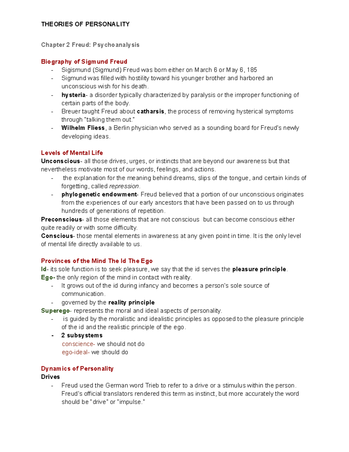 THEORIES OF PERSONALITY (PSY 101) Chapter 2: Freud's Psychoanalysis ...