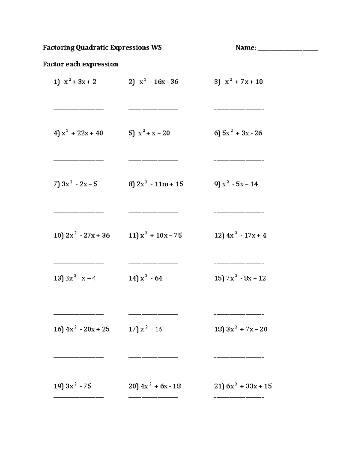 Factoring Quadratic Expressions WS - Algebra 2 Practice 3.4 - Studocu