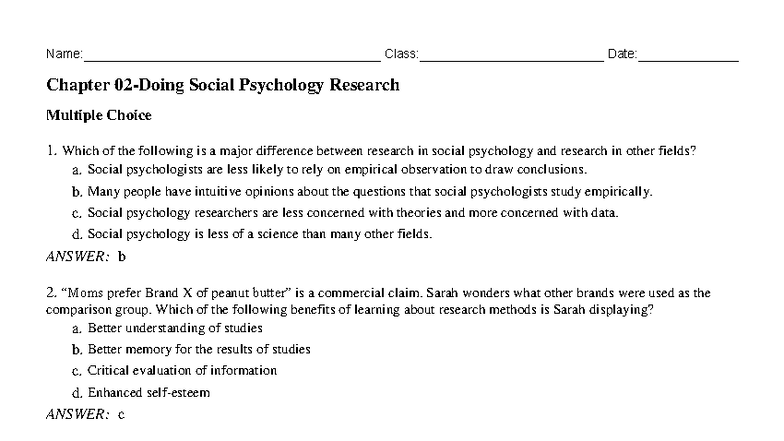 Chapter 02: Doing Social Psychology Research MCQs (PSY 101) - Studocu
