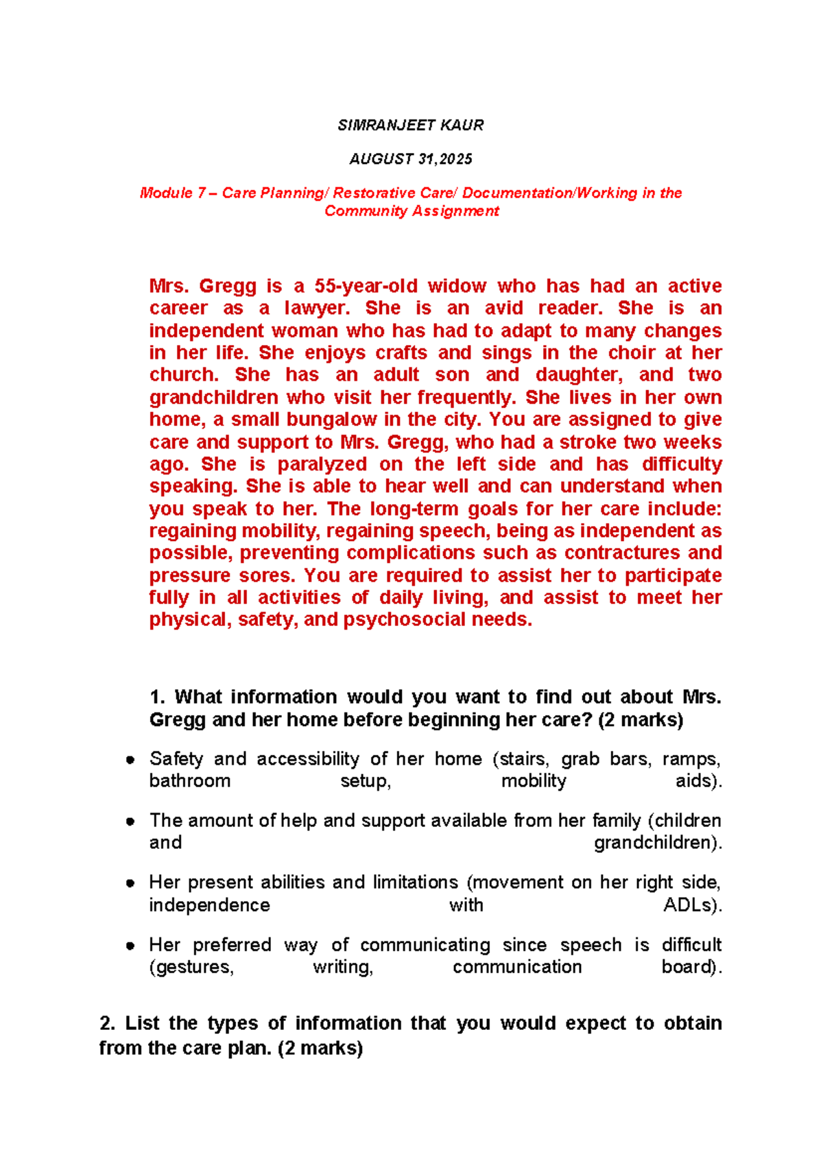 Module 7 CARE Planning: Restorative Care for Mrs. Gregg's Recovery ...