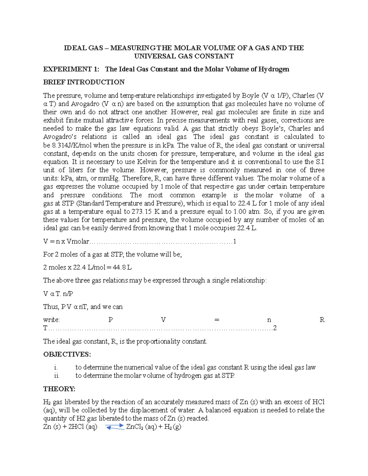 Ideal Gas Experiment: Molar Volume & Constant Determination (CHEM101 ...