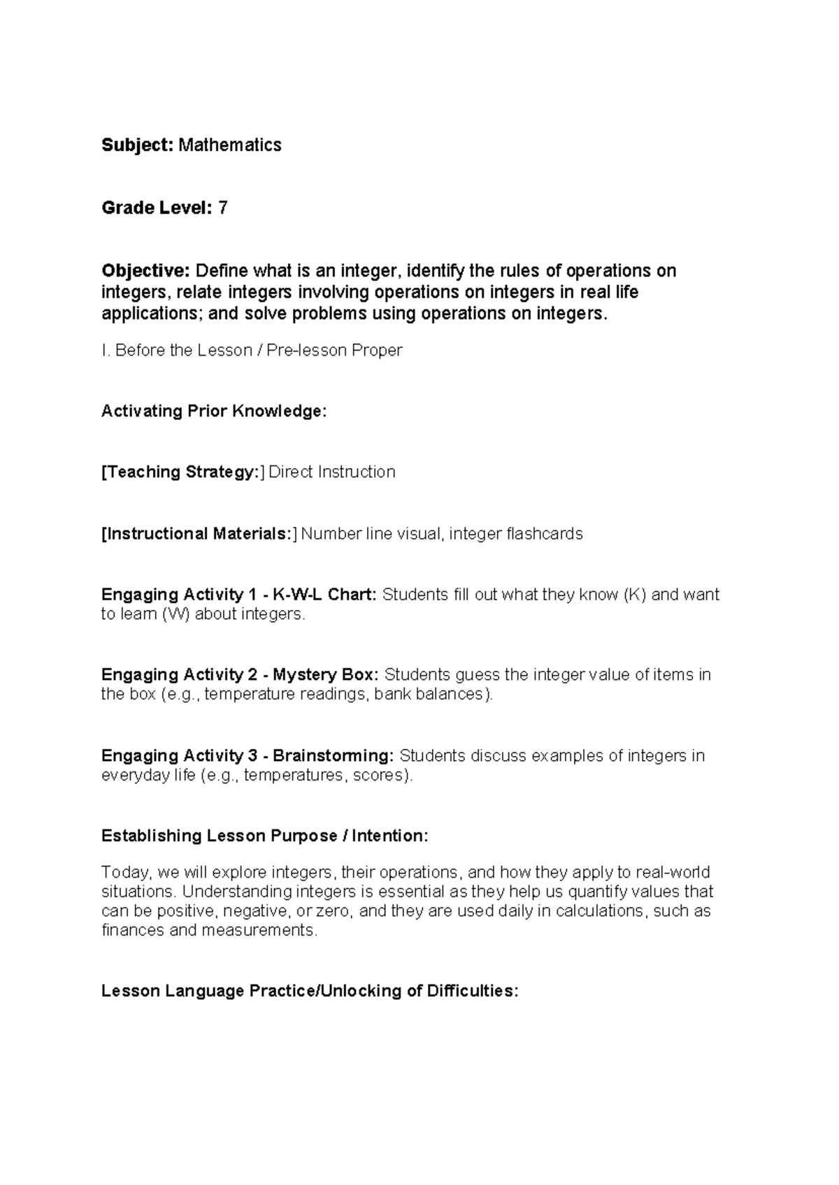Mathematics Lesson Plan: Understanding Integers for Grade 7 - Studocu