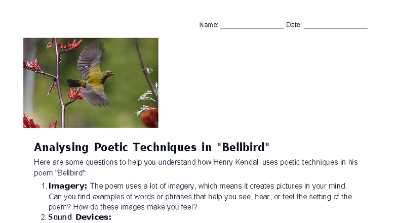 Analyzing Poetic Techniques in "Bellbird" - Activities & Questions ...