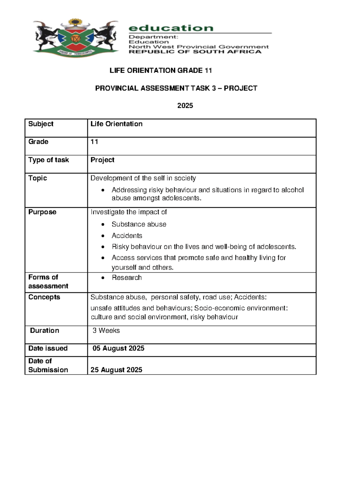 LIFE ORIENTATION GRADE 11 PROJECT: RISKY BEHAVIOUR IMPACT 2025 - Studocu