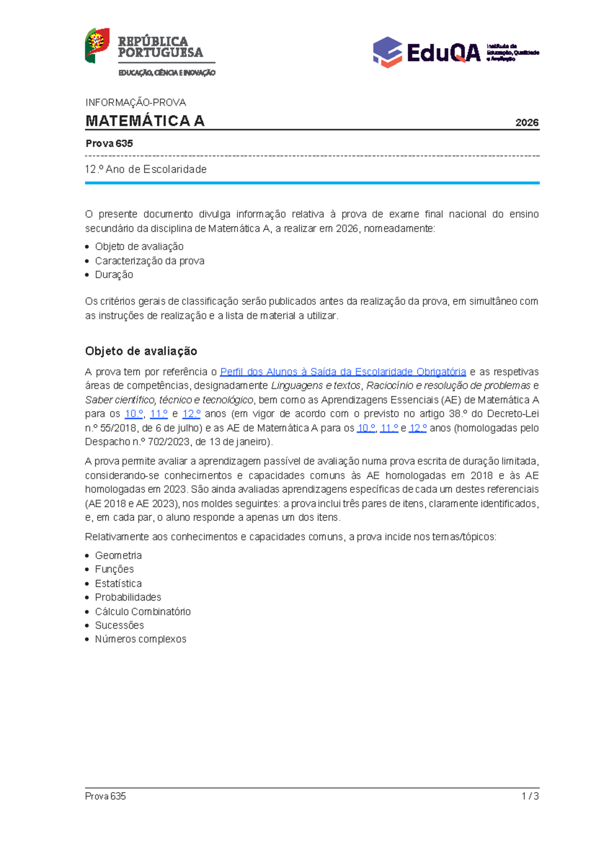 MATEMÁTICA A 2026 Prova 635 - Exame Final Nacional 12.º Ano - Studocu