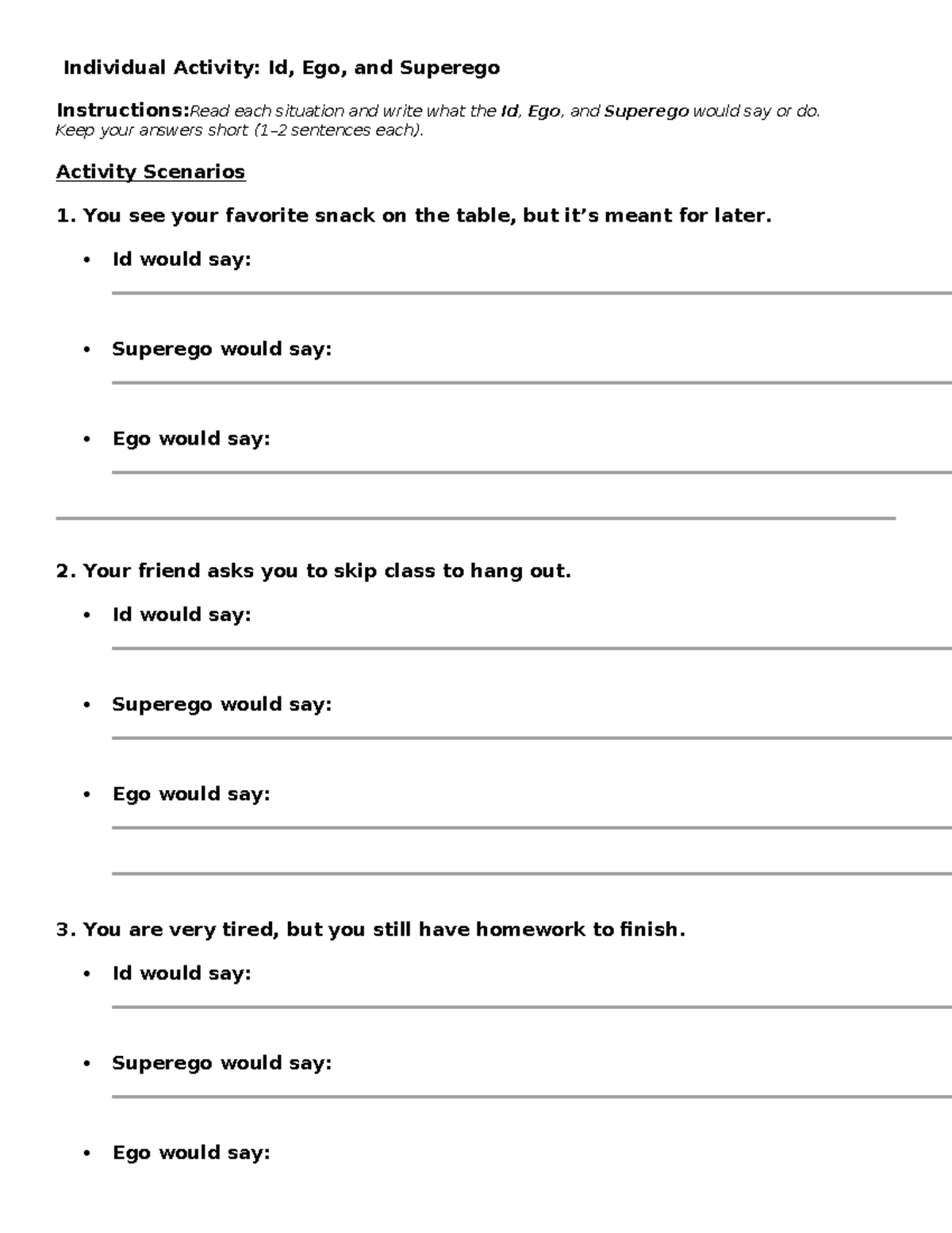 Individual Activity: Id, Ego, and Superego Scenarios - ACITIVITY SHEETS ...