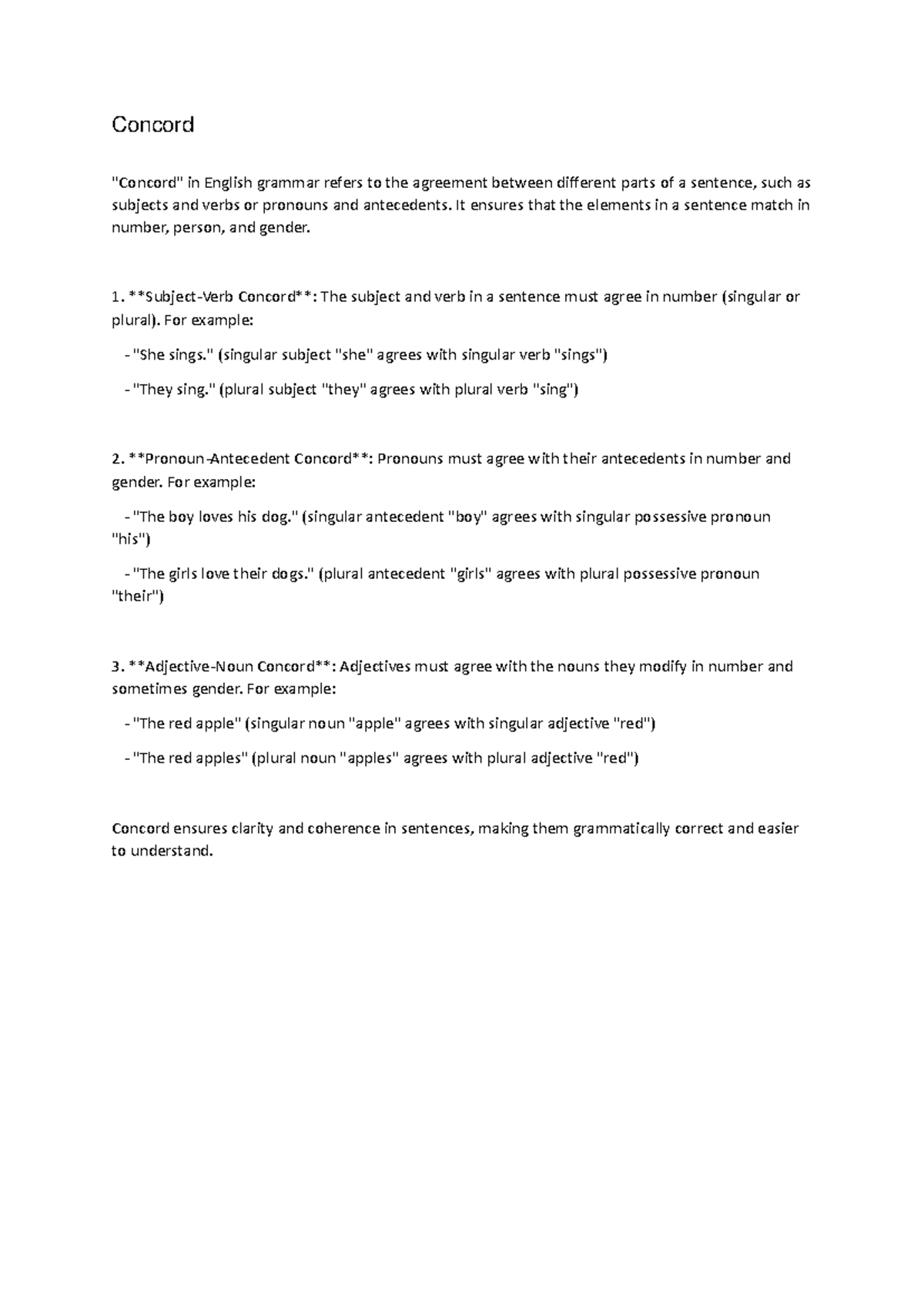 Concord - Grade 11 English Grammar Overview on Agreement Concepts - Studocu