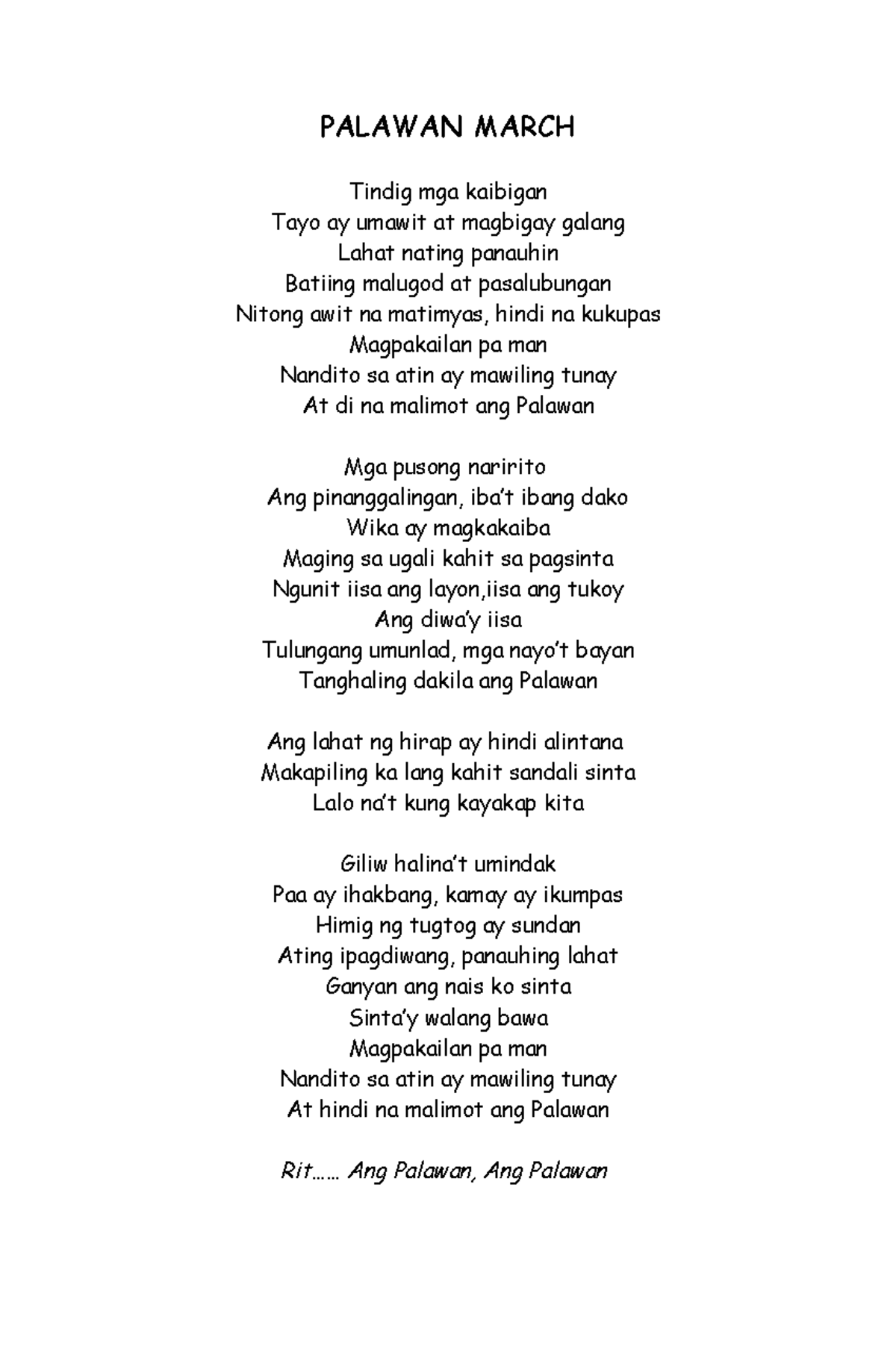 PALAWAN MARCH: Lyrical Guide and Cultural Reference - Studocu
