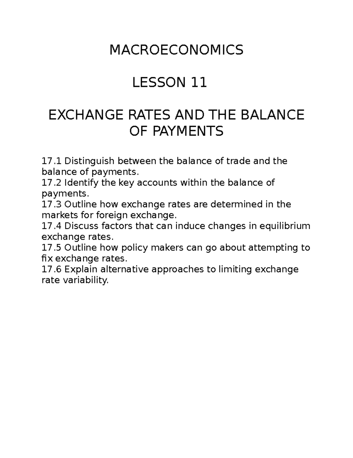 Chapter 17 - Lecture notes 11 - MACROECONOMICS LESSON 11 EXCHANGE RATES ...