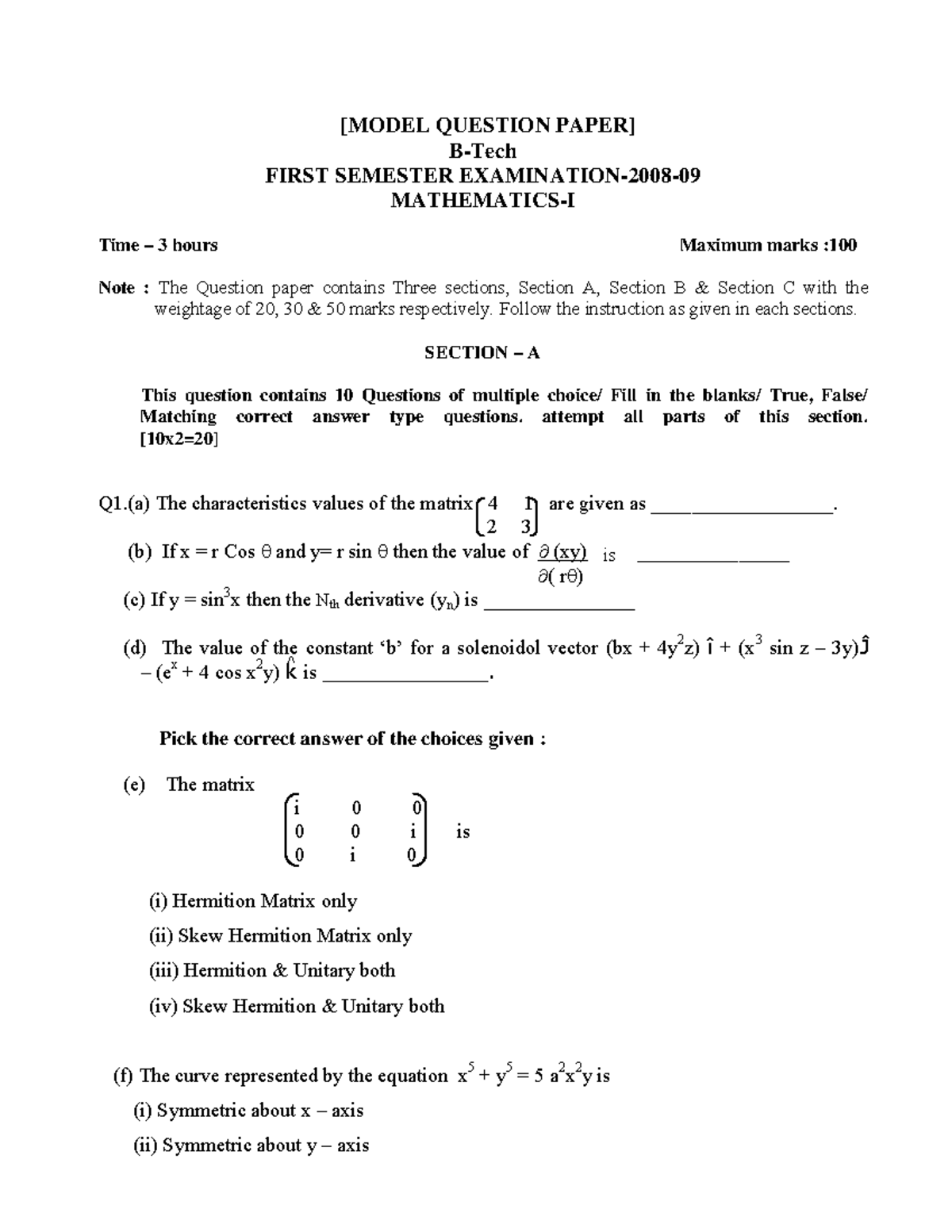 Model paper mathematics - ∧ [MODEL QUESTION PAPER] B-Tech FIRST ...
