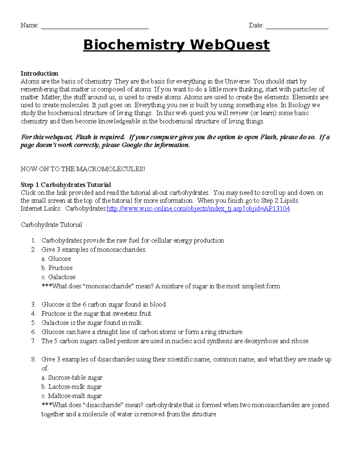 Biochemistry WebQuest: Exploring Macromolecules and Their Functions ...