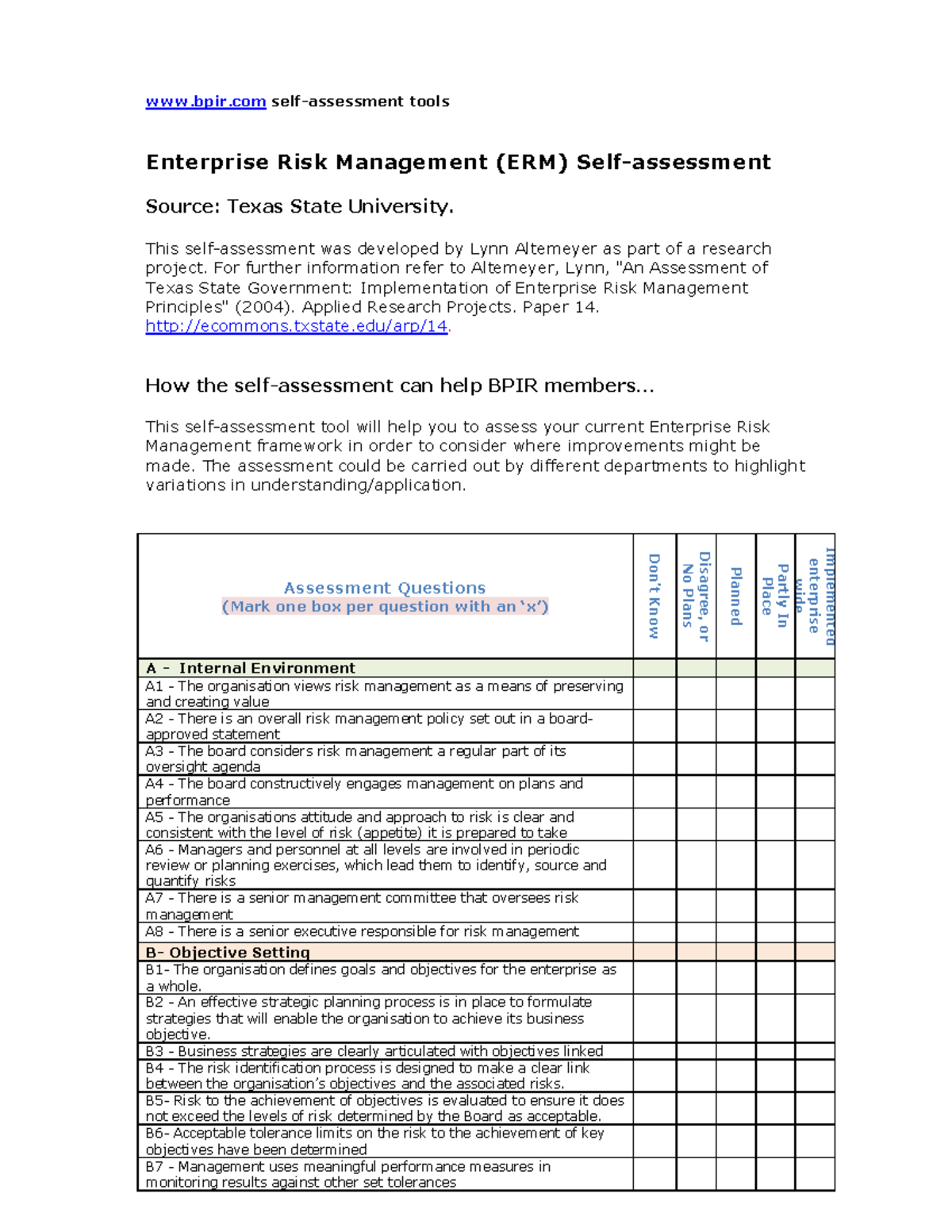 Enterprise Risk Management Sample Questionnaire - Management Accounting ...