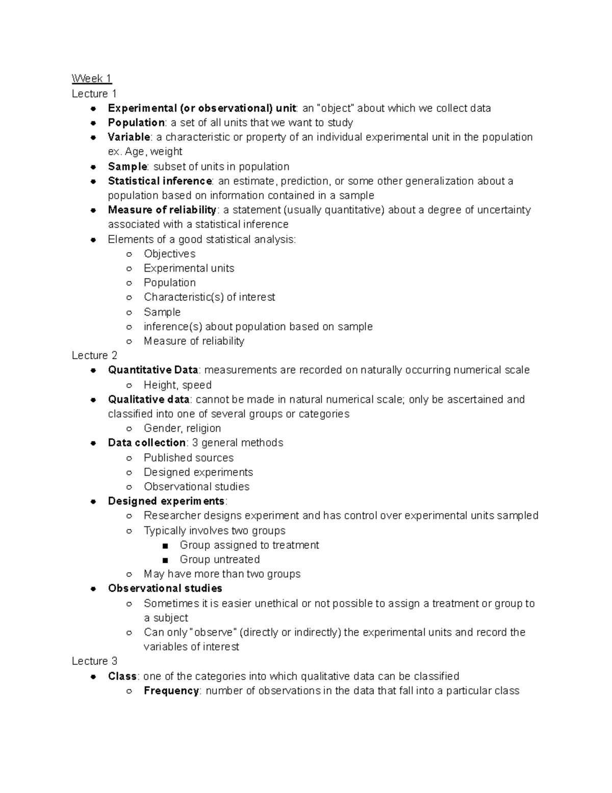 Math 203 notes - \Week 1 Lecture 1 Experimental (or observational) unit ...