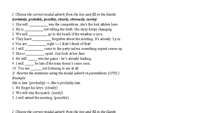 Modal Adverbs Worksheet: Fill in the Blanks & Rewrite Sentences - Studocu