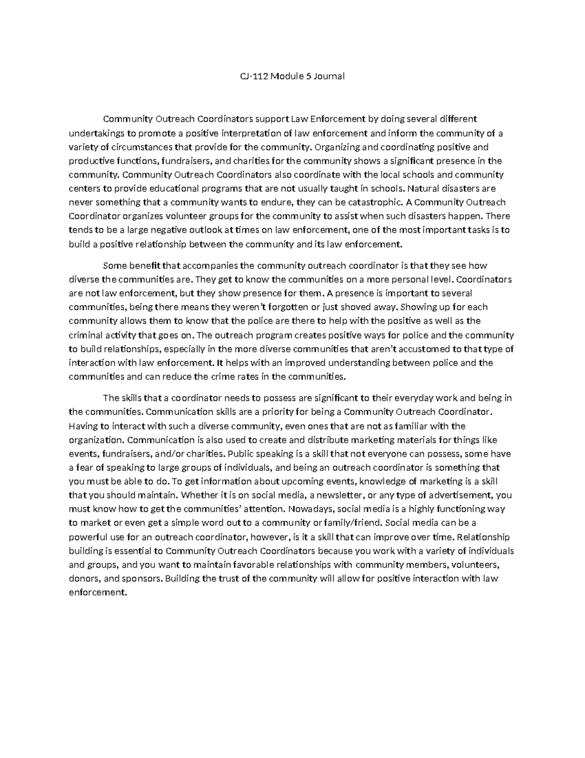 CJ-112 Module 5 Journal: Role of Community Outreach Coordinators in Law ...