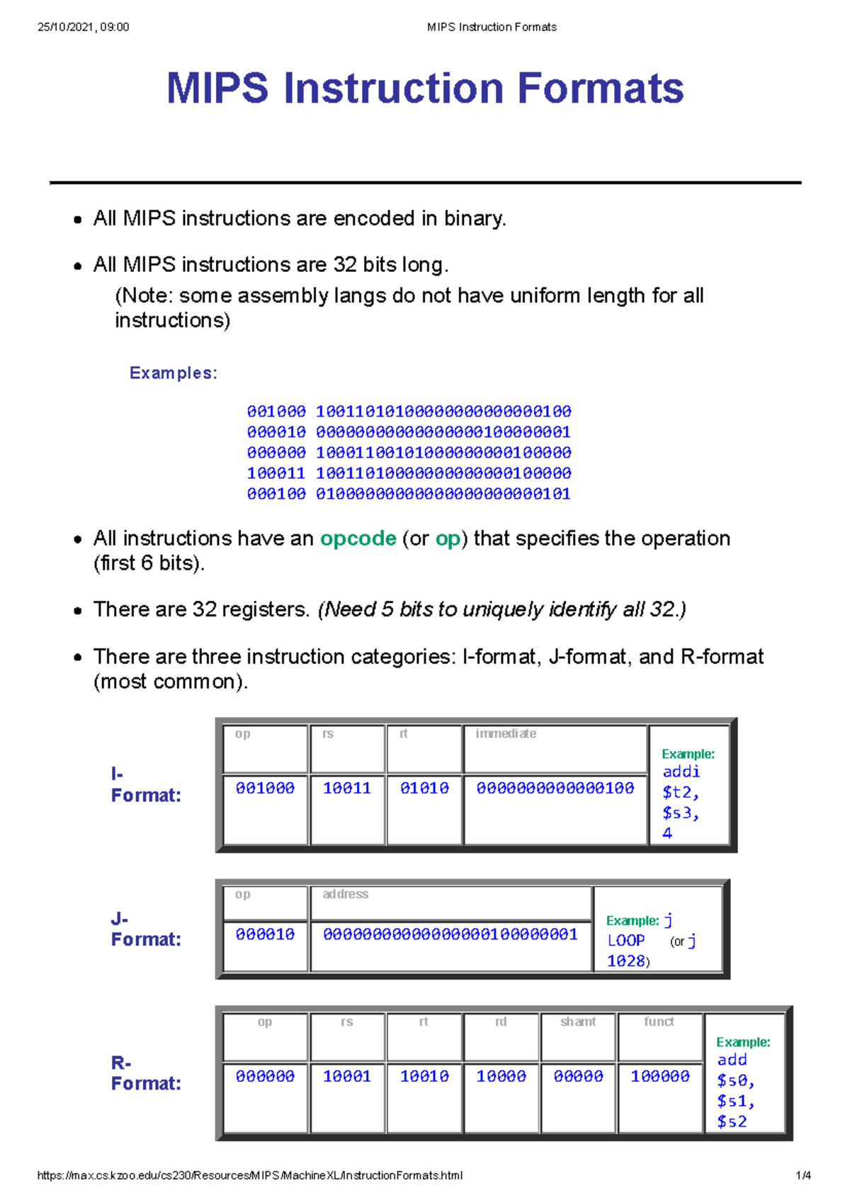 MIPS Instruction Formats - All MIPS instructions are 32 bits long ...