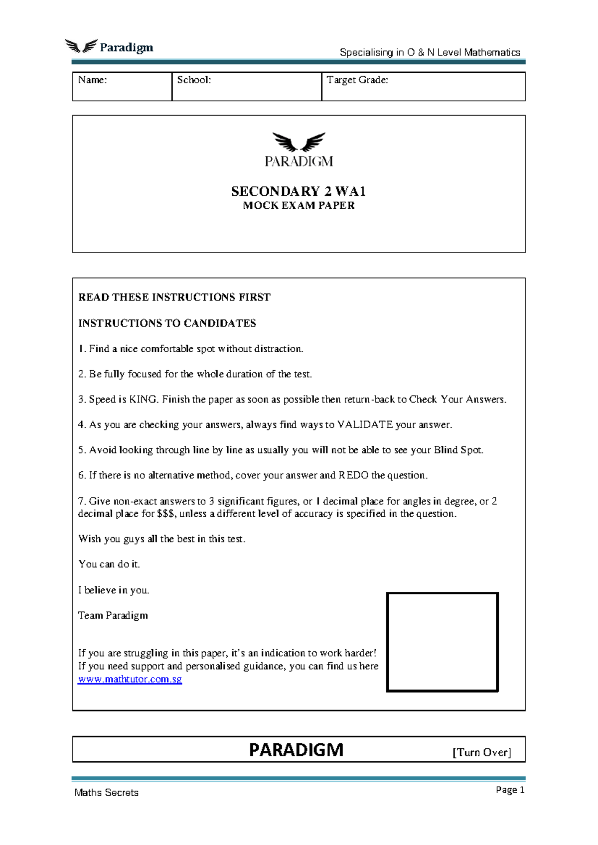 Sec 2 Math WA1 Mock Exam 2024: Linear Graphs & Inequalities - Studocu