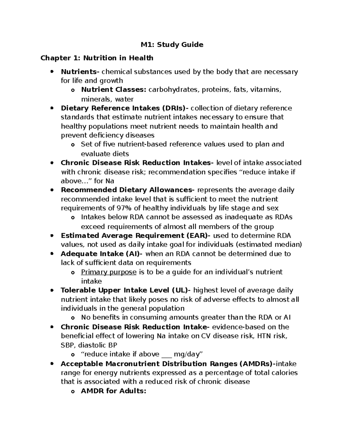 M1: Study Guide Chapter 1 & 2 - Nutrition in Health & Guidelines - Studocu