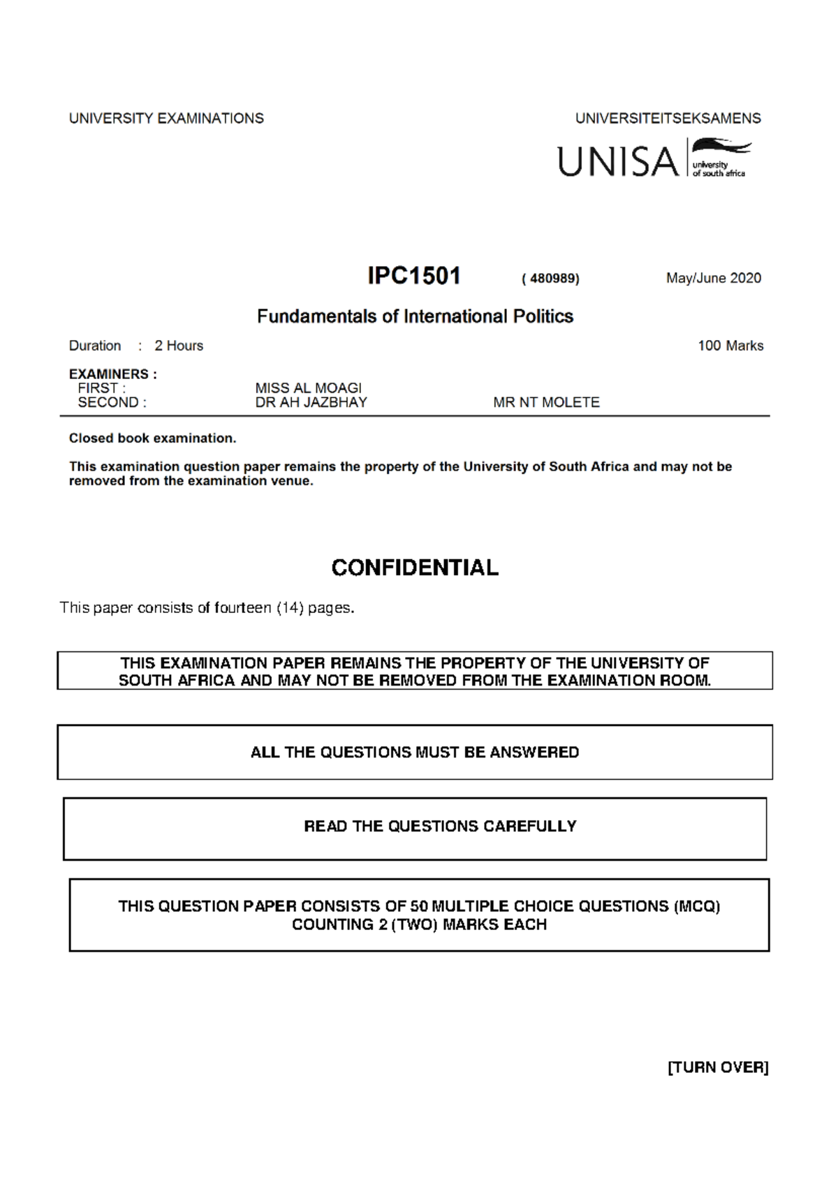 IPC 1501 May/June 2020 Exam Paper - Multiple Choice Questions (MCQs ...