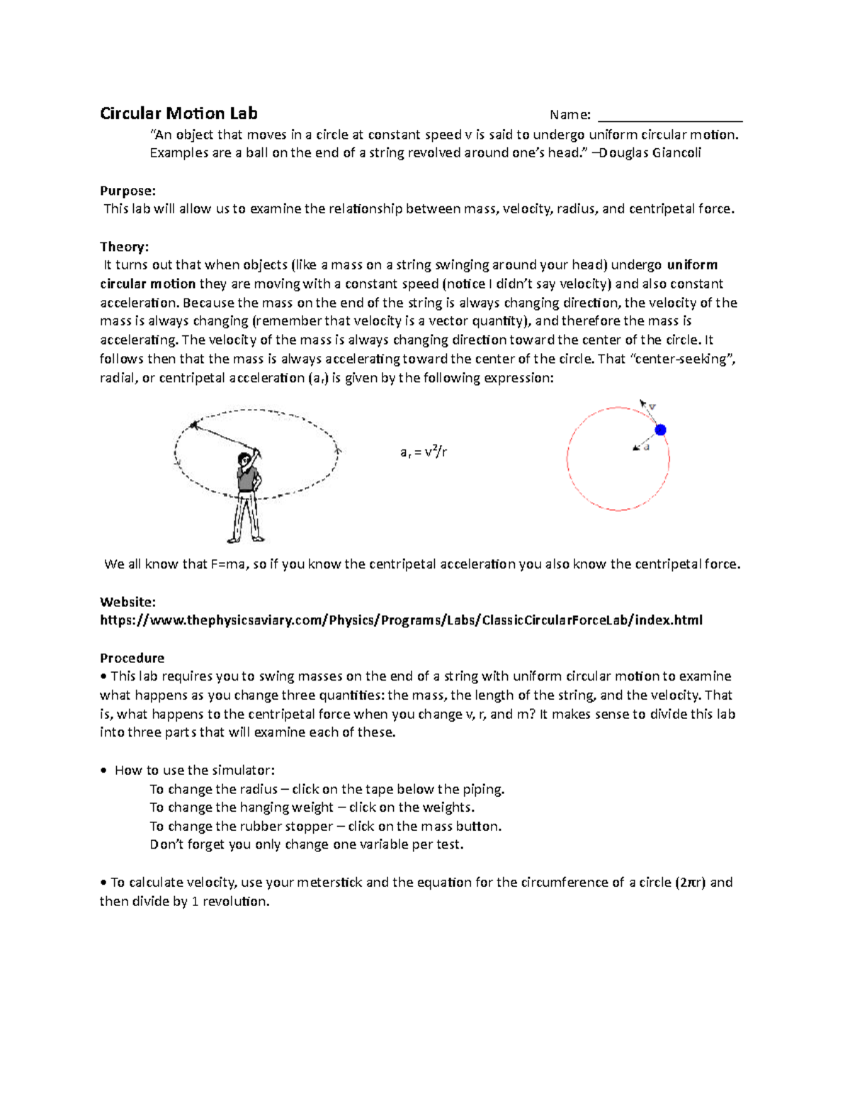 Circular Motion Lab: Exploring Mass, Velocity, Radius & Forces - Studocu