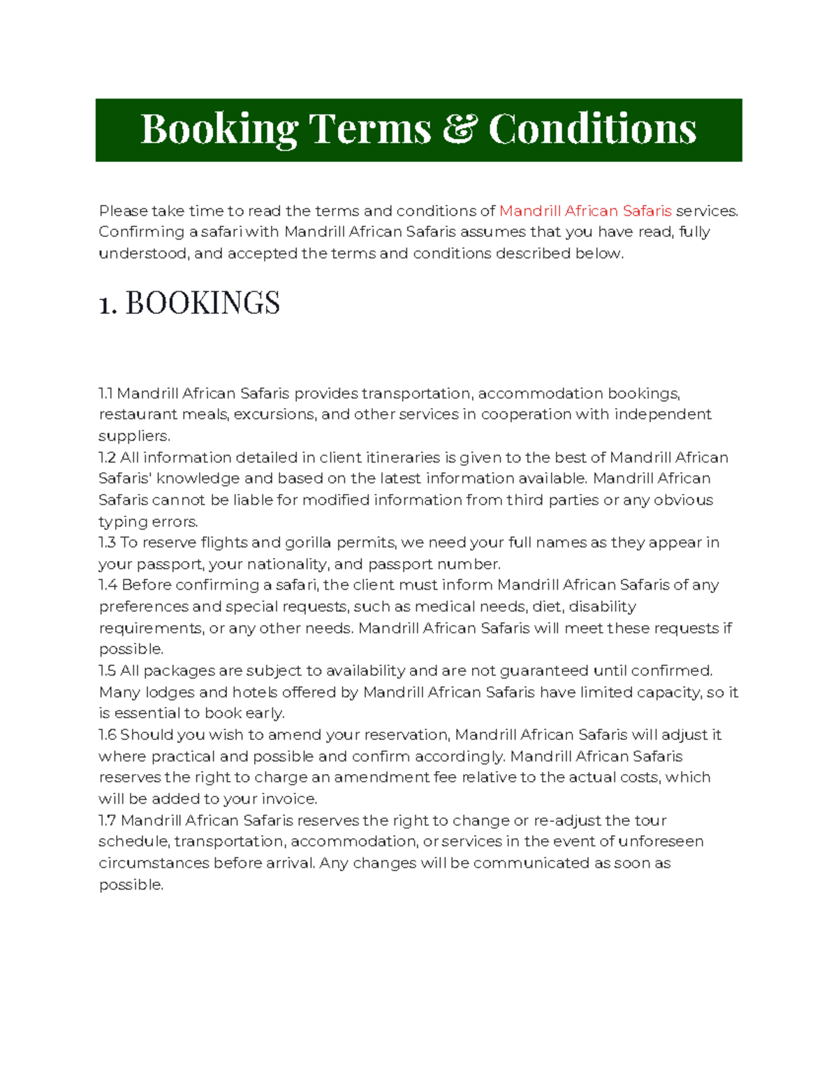 Mandrill African Safaris Booking Terms & Conditions Guide - Studocu
