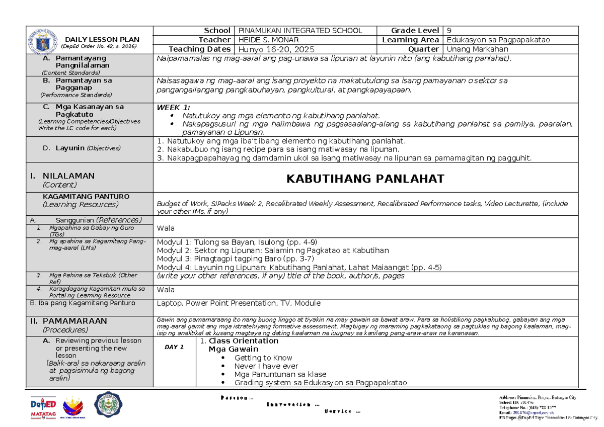 Q1 ESP 9 WEEK 1 DAILY LESSON PLAN (DepEd Order No. 42, s. 2016) - Studocu