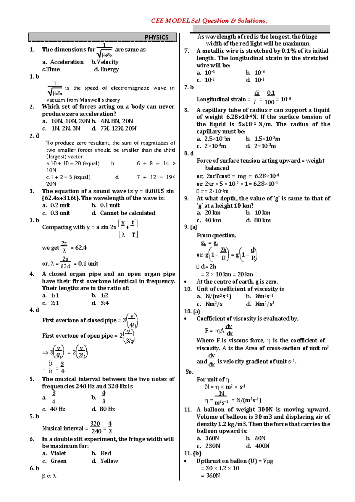 CEE Model Question Solution 1 - o o o o 62. 4 l 3 l dx 4 3 R R 240 3 ...